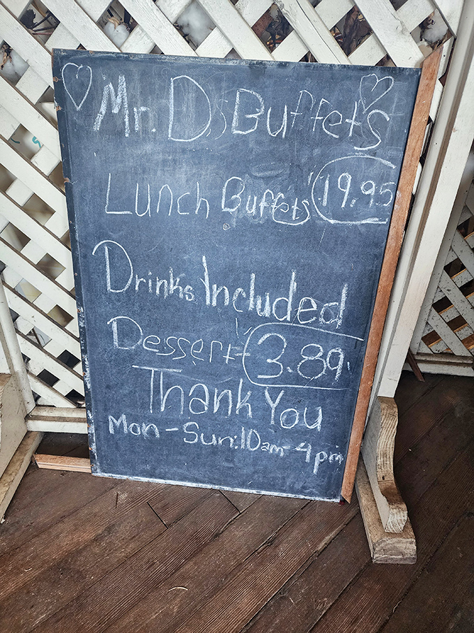 Mr. D's buffet menu tells you everything you need to know – good food, fair prices, and the promise of Southern hospitality seven days a week.