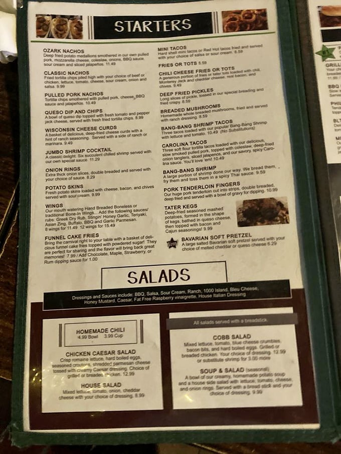 This menu isn't just a list of food&mdash;it's a roadmap to happiness with landmarks like "Ozark Nachos" and "Tater Kegs" beckoning hungry travelers.