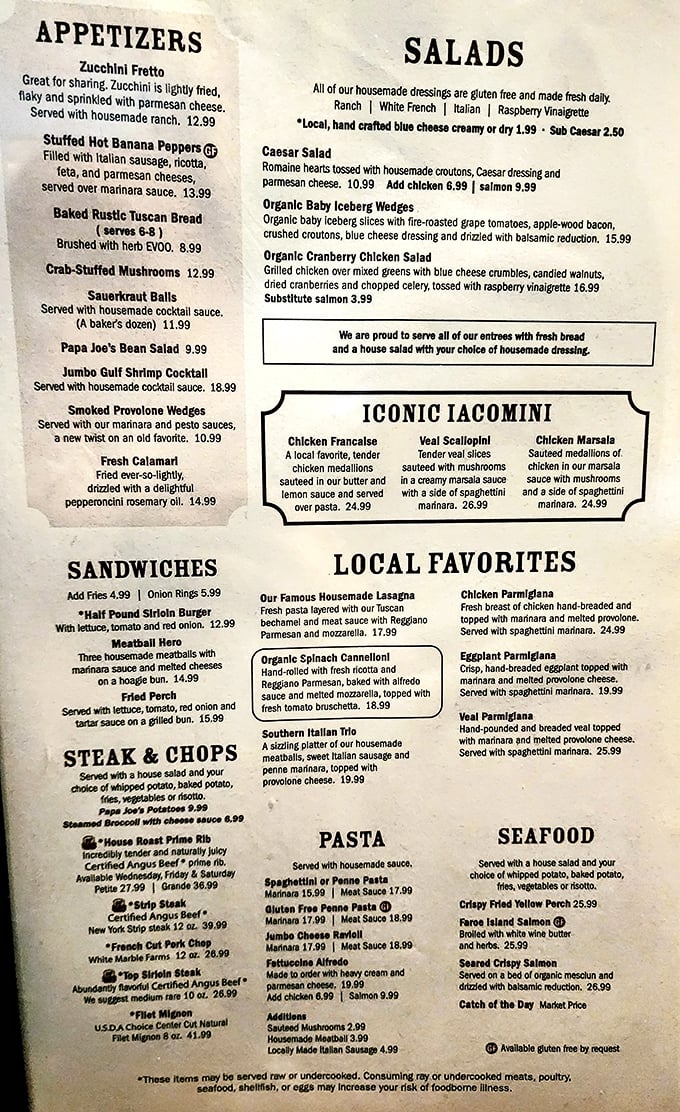 A menu that reads like a love letter to Italian-American cuisine, with enough options to require a strategic dining plan.