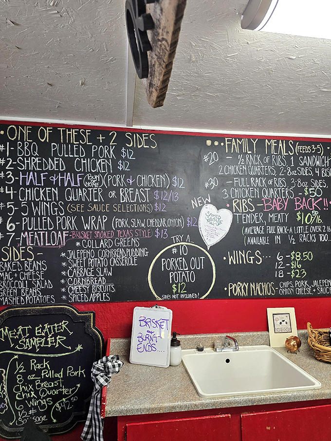 This isn't just a menu&mdash;it's a roadmap to happiness. The "Porked Out Potato" and "Meat Eater Sampler" aren't just meal options, they're life choices.