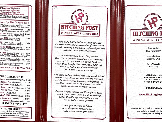 The menu tells the story of Santa Maria-style BBQ tradition – a California culinary heritage as important as sourdough bread or cioppino.