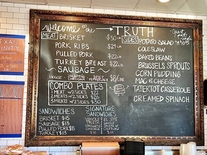 The menu board tells you everything you need to know: meat by the pound, sides that aren't afterthoughts, and combinations that'll make decision-making deliciously difficult.