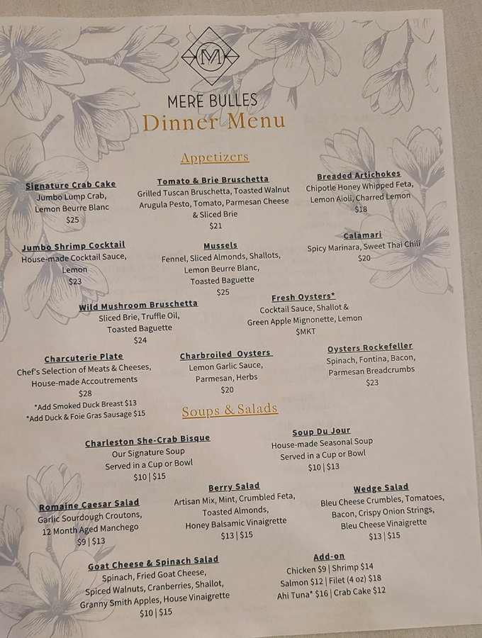 This isn't just a menu&mdash;it's a roadmap to happiness. The Charleston She-Crab Bisque alone is worth the drive from anywhere in Tennessee.