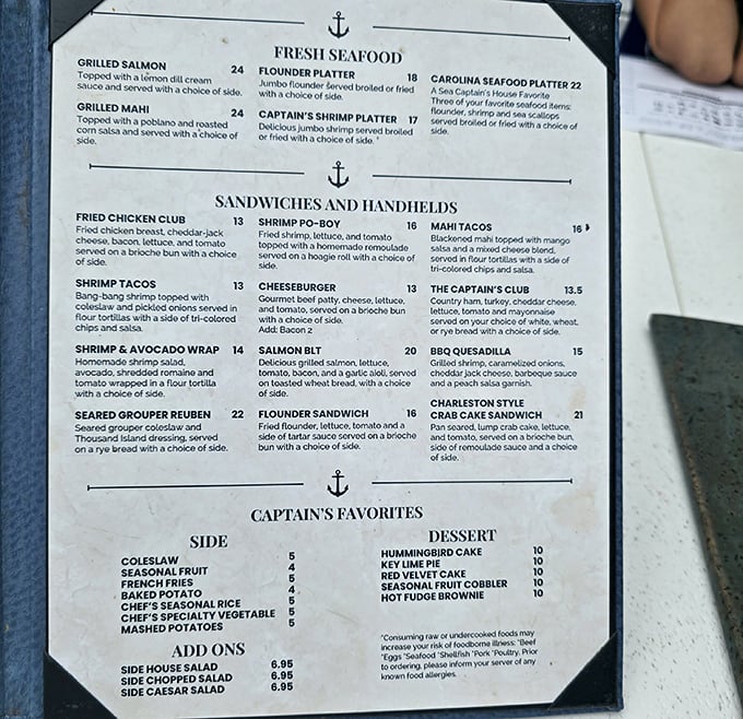 
A menu that reads like a love letter to the Atlantic. Each seafood option promises a different kind of coastal bliss, from flounder to shrimp tacos. 