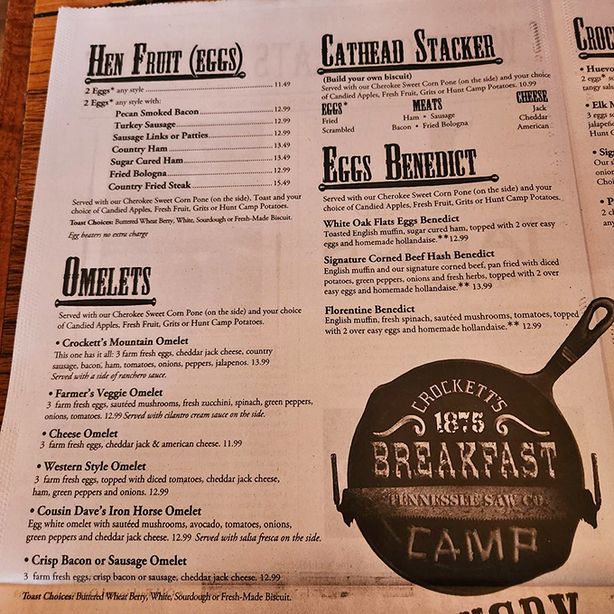 Hen Fruit is frontier-speak for eggs, and this menu speaks the universal language of morning hunger. 