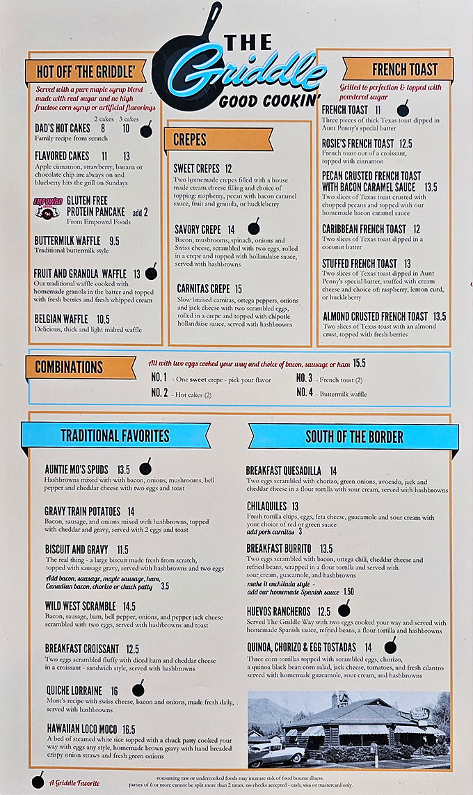 This menu isn't just a list&mdash;it's a treasure map to breakfast paradise, with Dad's Hot Cakes and Carnitas Crepes leading the expedition.