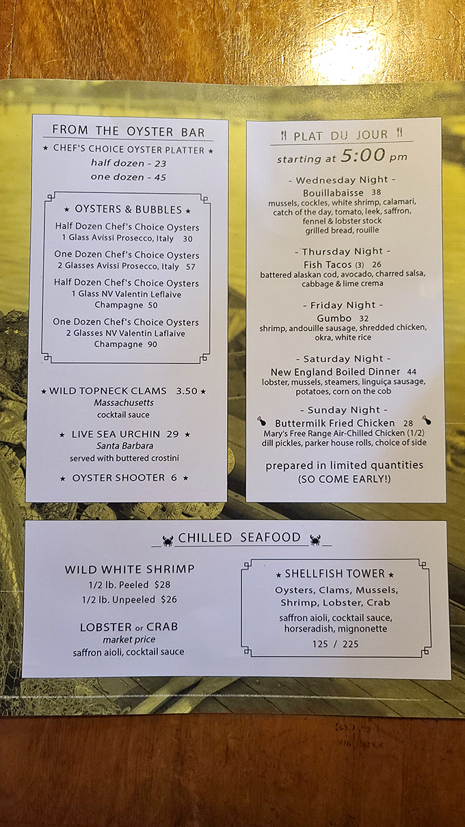 This isn't just a menu—it's a treasure map to seafood nirvana. The daily specials board alone could make a New Englander weep with joy.