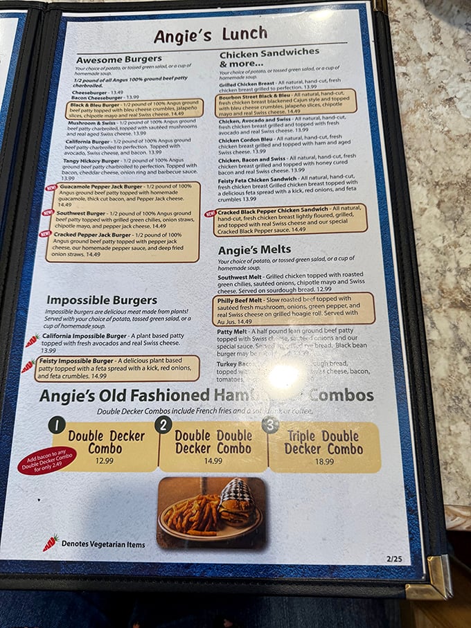 The menu at Angie's reads like a love letter to American comfort food, with burgers, melts, and sandwiches that demand serious napkin commitment.
