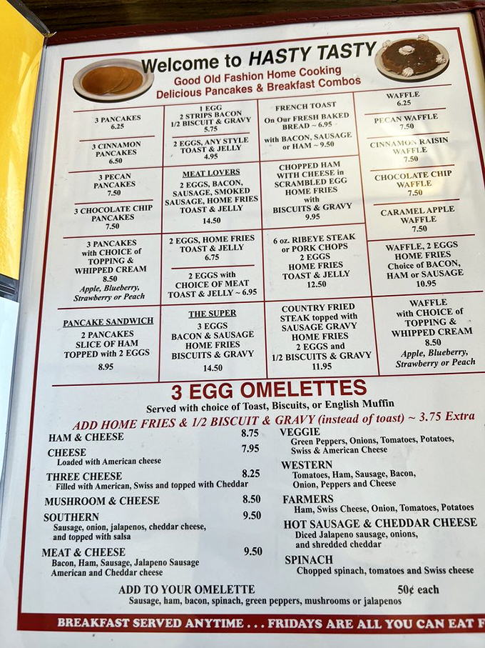 A menu that doesn't need fancy fonts or pretentious descriptions. Just straightforward breakfast magic that speaks the universal language of "you're going to need a nap after this."