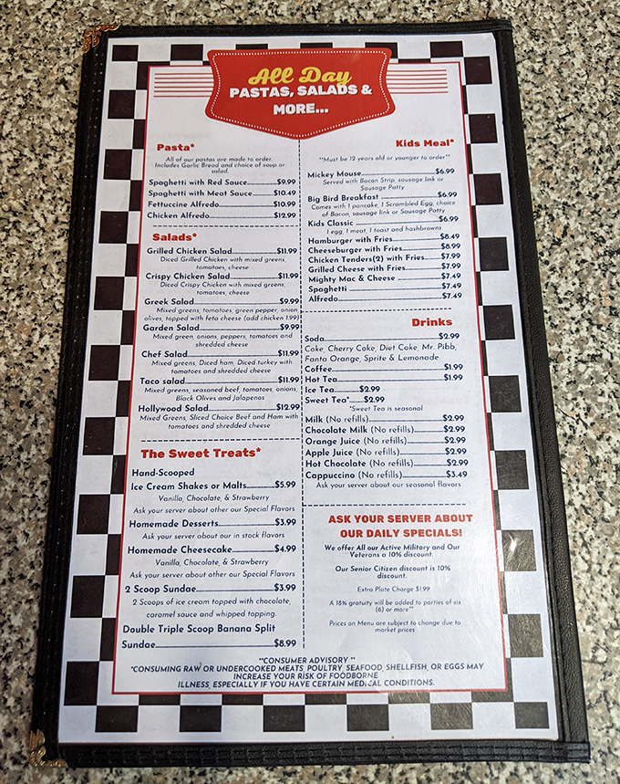 A menu that reads like America's greatest hits &ndash; pasta, salads, burgers, and those legendary breakfast specials. 