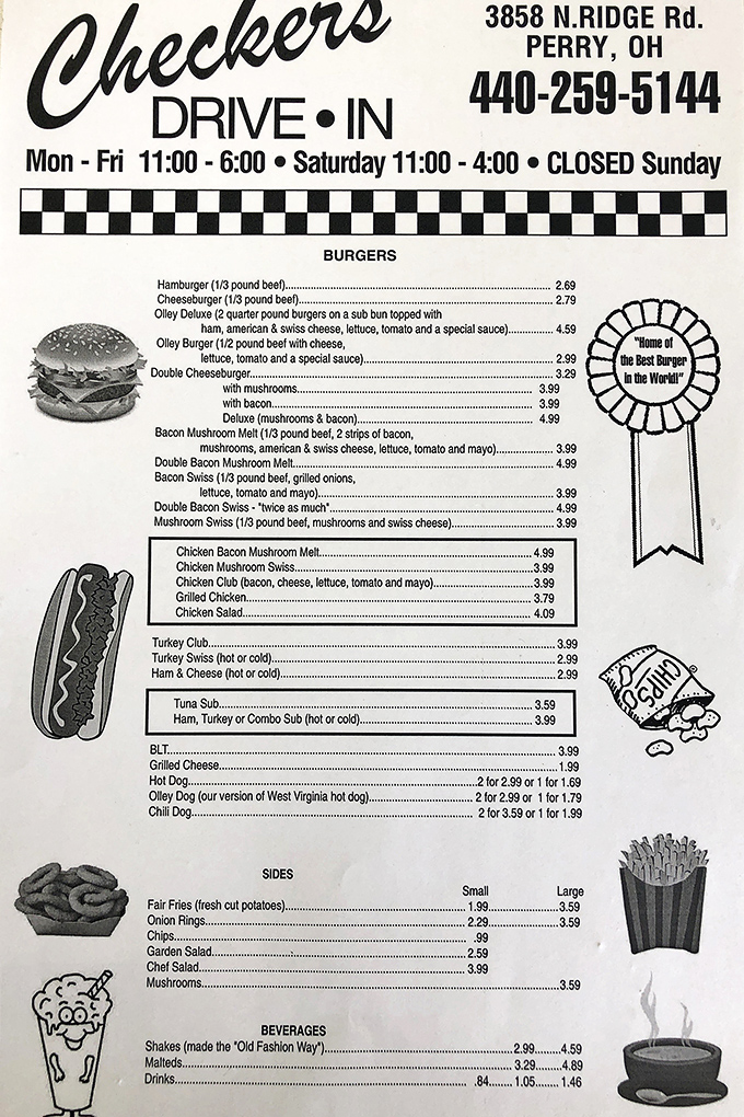 A menu that doesn't need fancy fonts or pretentious descriptions&mdash;just honest food with that coveted "Best Burger in the World" ribbon.