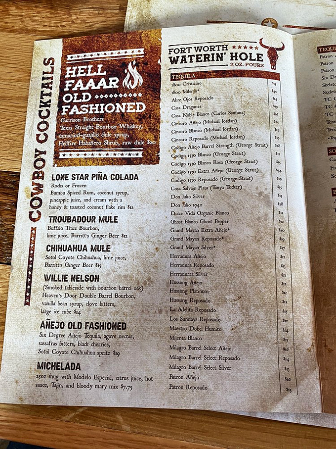 This isn't just a drink menu&mdash;it's a liquid roadmap to Texas-sized happiness. The "Hell Faaaar Old Fashioned" practically dares you to order it.