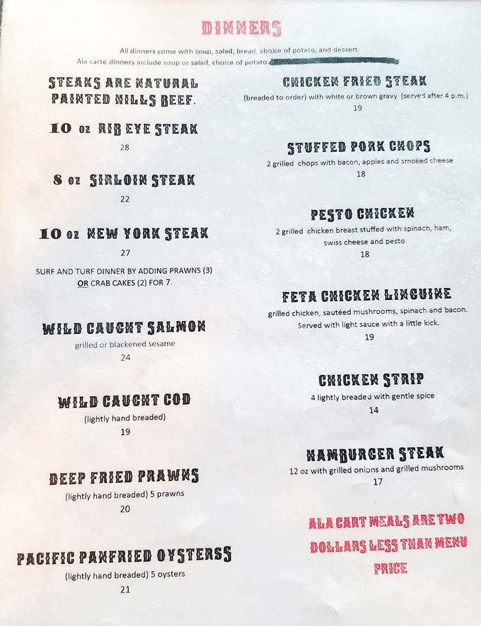 This menu isn't playing around—Painted Hills beef steaks and wild-caught seafood in the middle of Eastern Oregon? That's confidence you can taste.
