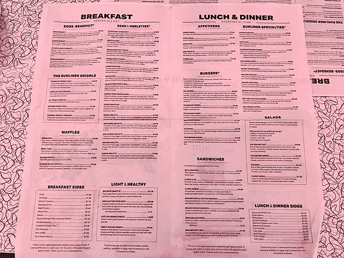 The menu reads like a love letter to American classics – breakfast all day, burgers that require both hands, and desserts your doctor warned you about.