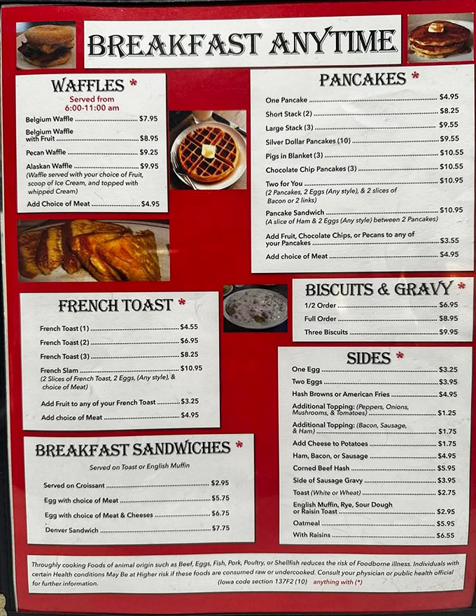 This menu reads like a love letter to breakfast, featuring everything from Belgian waffles to silver dollar pancakes.