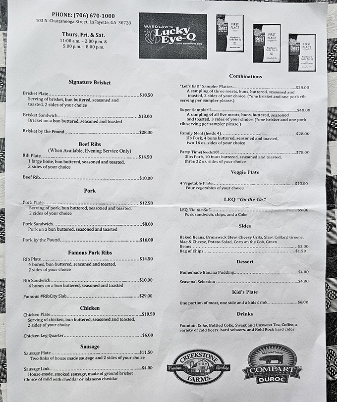 A menu that cuts right to the chase&mdash;no fancy descriptions needed when your brisket speaks fluent delicious. The "Let's Eat!" sampler is basically permission to indulge.