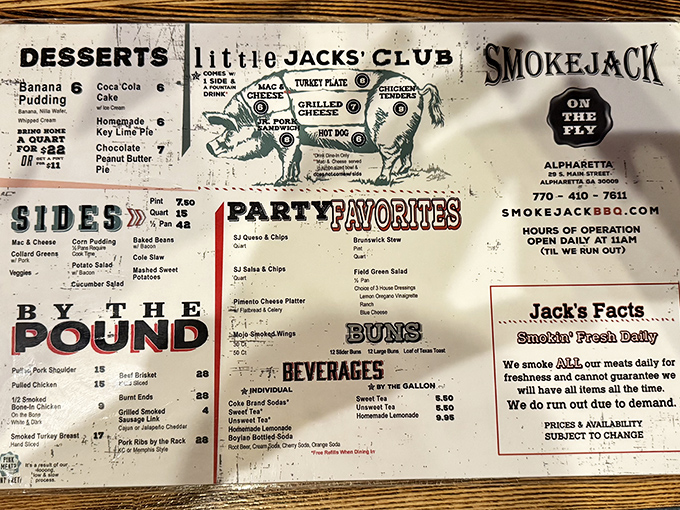 This menu isn't just a list of food—it's a roadmap to happiness. The "Little Jacks' Club" section proves barbecue appreciation starts young in Georgia.