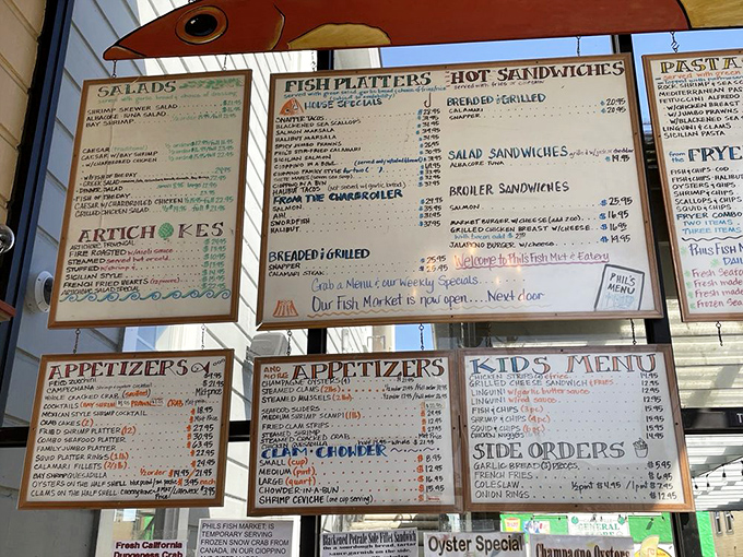 The menu board at Phil's is a seafood treasure map &ndash; overwhelming at first glance, but promising delicious discoveries with every handwritten offering.
