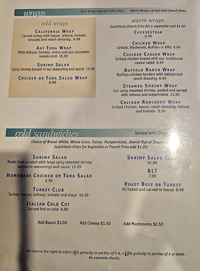 A menu that reads like a love letter to Maryland seafood traditions. Each item promises comfort wrapped in coastal flavors.