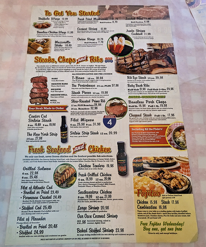 The menu reads like a love letter to meat lovers everywhere, with options that make choosing just one entrée the hardest decision you'll face all day.