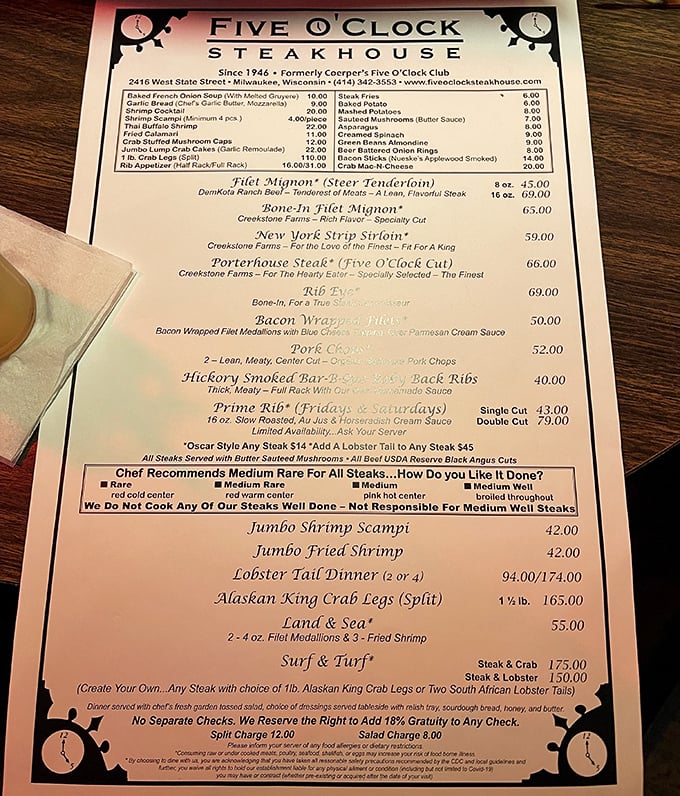 This menu isn't just a list of options&mdash;it's a roadmap to happiness. Note the warning about well-done steaks: they're not responsible for such culinary crimes.