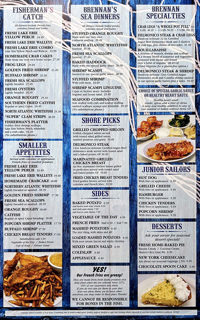 The menu reads like a love letter to all things aquatic. Those French fries have their own fan club for good reason!