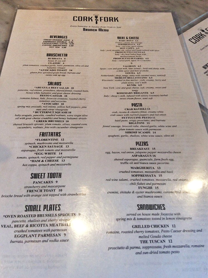 This isn't just a menu—it's a roadmap to happiness. Each section promises a different kind of joy, from "Frittatas" to that aptly named "Sweet Tooth."