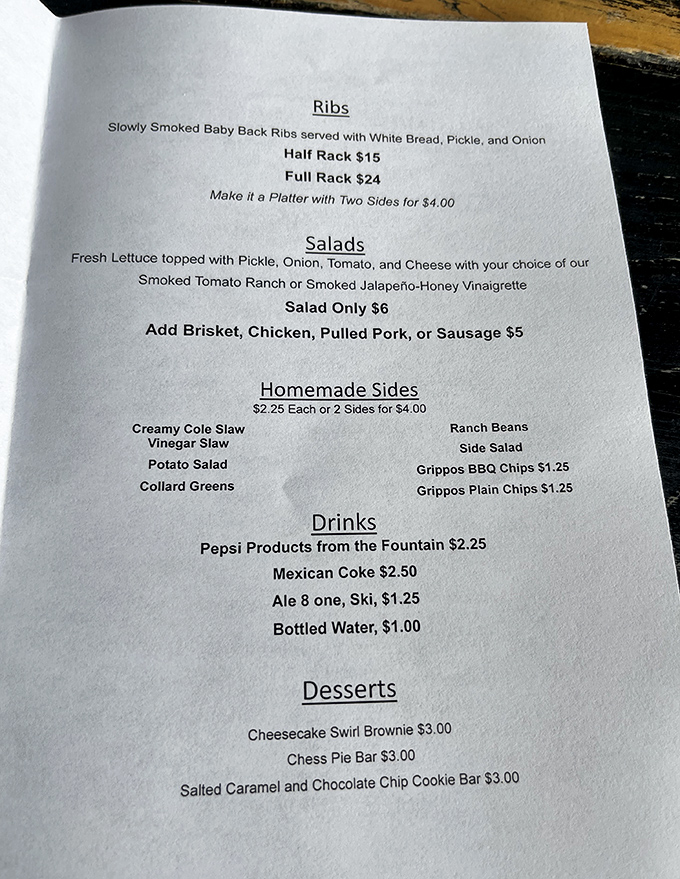 The menu reads like barbecue poetry&mdash;simple, direct, and promising delicious outcomes. No fancy adjectives needed when your food speaks this loudly.