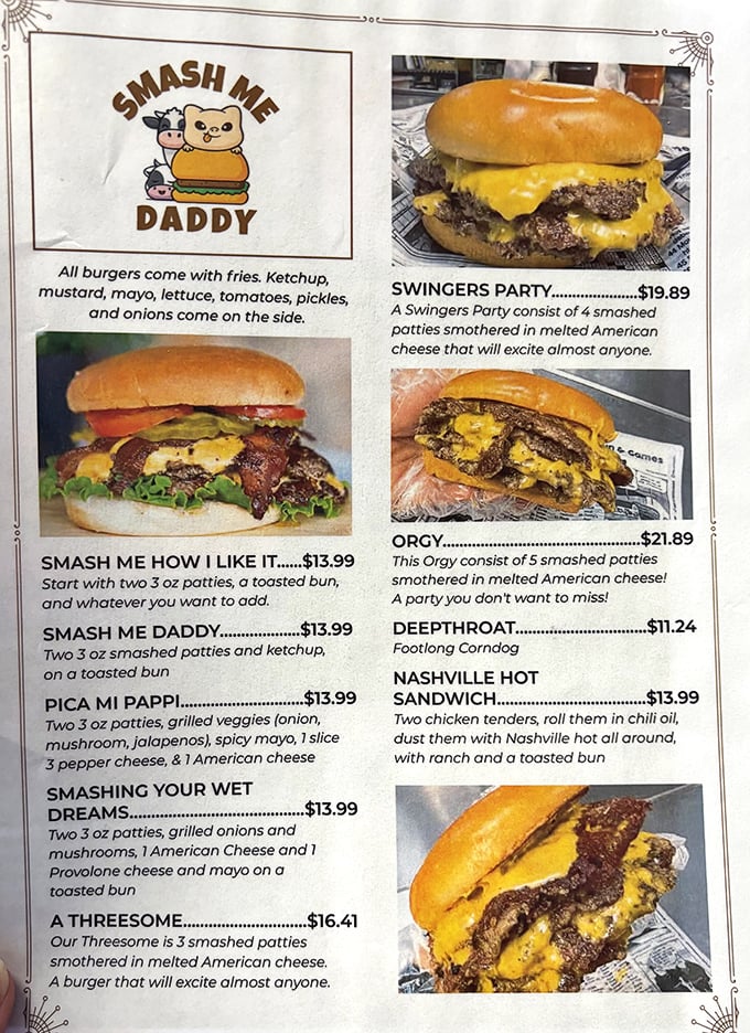This isn't just a menu&mdash;it's a declaration of burger independence. "Smash Me Daddy" and "Orgy" aren't just names; they're promises of indulgence.