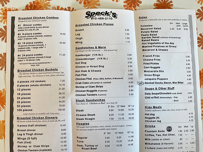 The menu at Speck's reads like a greatest hits album of American comfort classics, with their legendary broasted chicken taking center stage.