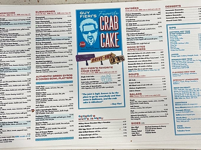 The menu proudly displays Guy Fieri's endorsement of their famous crab cakes&mdash;when the Mayor of Flavortown gives his blessing, you know it's legit.
