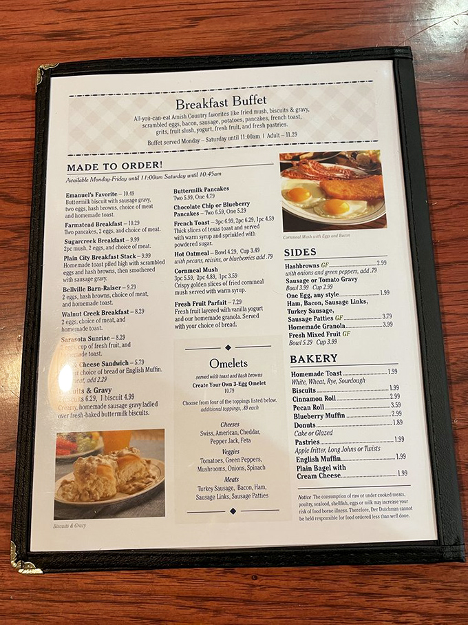 This breakfast menu isn't just a list of options&mdash;it's a roadmap to happiness. The biscuits and gravy alone have probably saved more marriages than couples therapy.