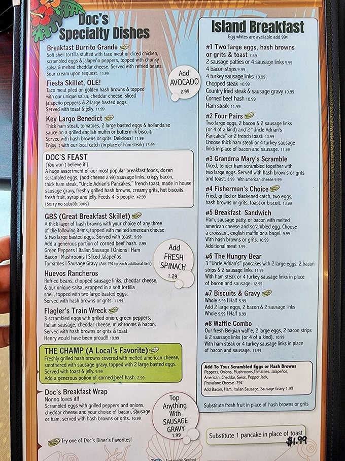 A menu that reads like a love letter to breakfast. "The Champ" isn't just highlighted&mdash;it's practically begging you to accept its delicious challenge.