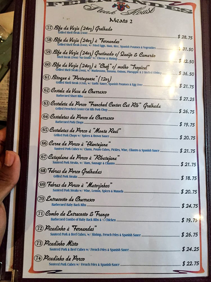 This isn't just a menu—it's a roadmap to carnivorous bliss. The "Bife da Vazia" section alone could make a vegetarian reconsider their life choices.