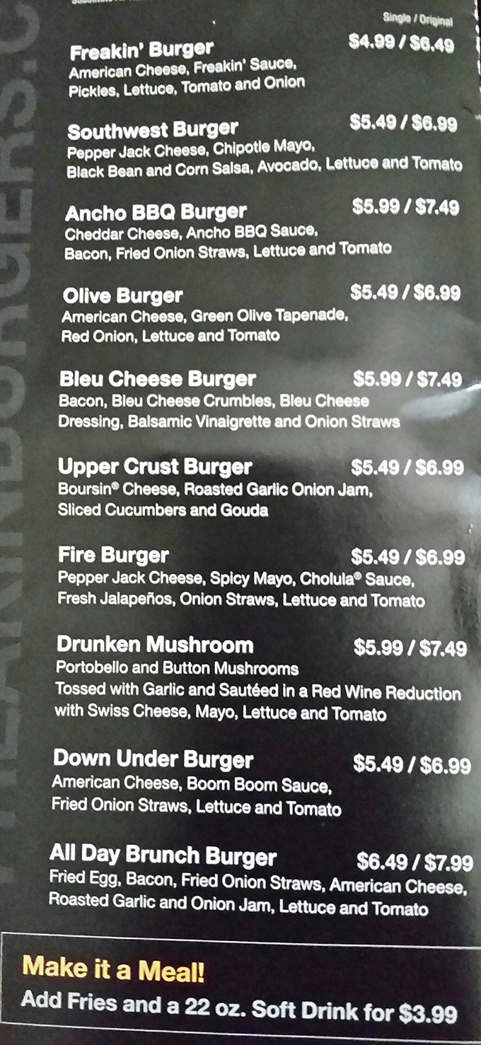 The menu reads like a love letter to burger enthusiasts—each option more tempting than the last, making decisions deliciously difficult.