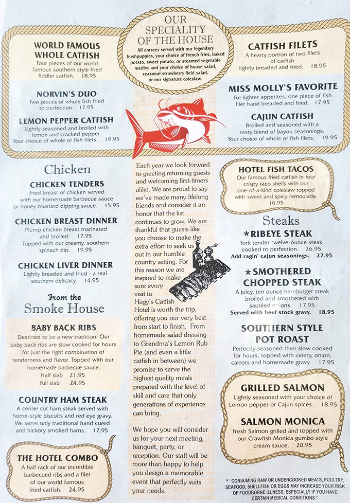 The menu reads like a love letter to Southern cooking, where "world famous" isn't just marketing speak&mdash;it's a promise kept with every crispy catfish fillet.