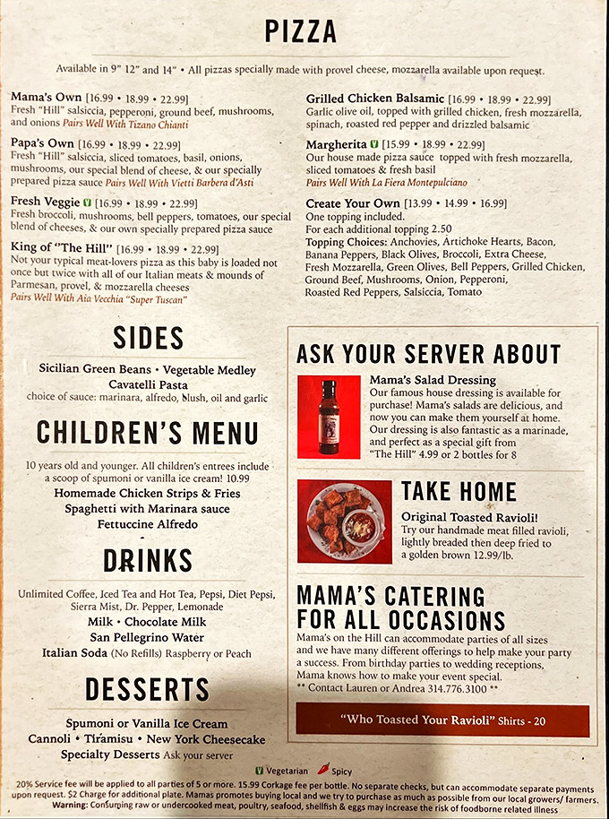 The menu reads like a love letter to Italian-American cuisine, with specialties from "The Hill" showcased alongside wine pairings that'll make you say "salute!"