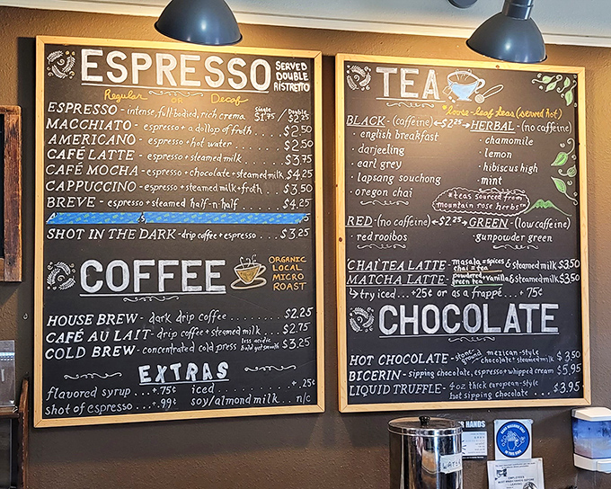 The menu board reads like poetry for the caffeine-obsessed, with "Shot in the Dark" offering liquid courage for those Monday mornings.
