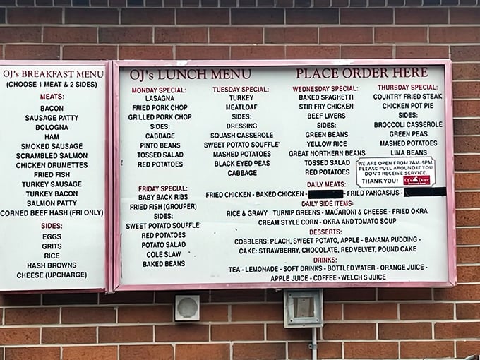 The menu board at OJ's reads like a love letter to Southern cuisine, each daily special a chapter in the ongoing story of comfort food done right.