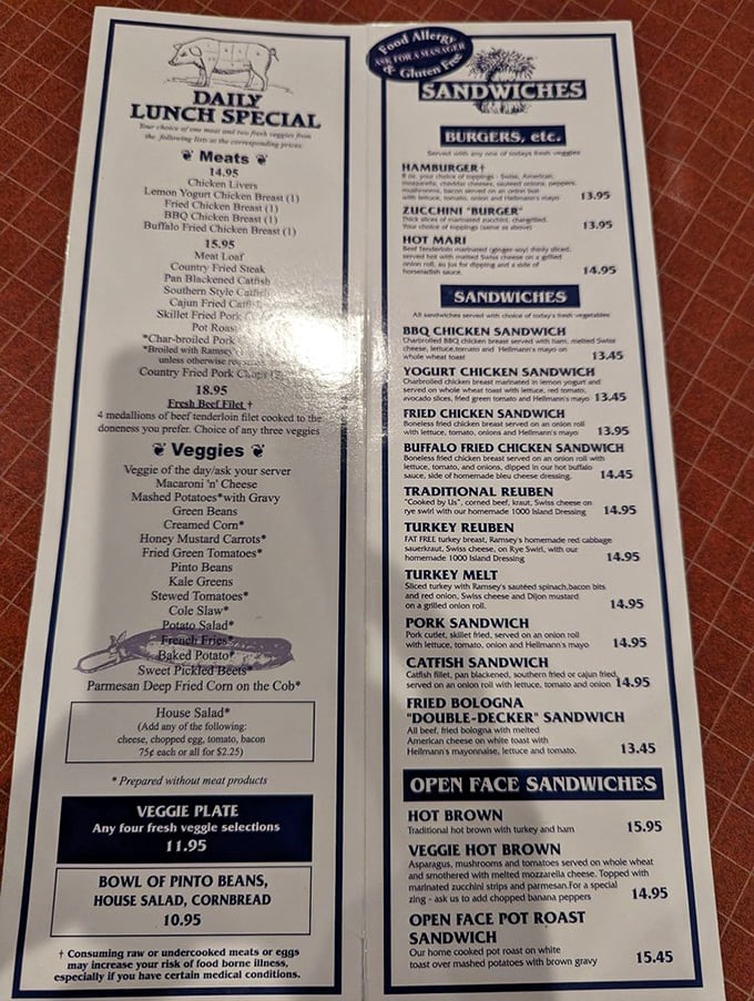 A menu that doesn't need fancy descriptions—just honest food that speaks for itself. The country fried steak isn't just listed, it's practically highlighted with invisible neon.