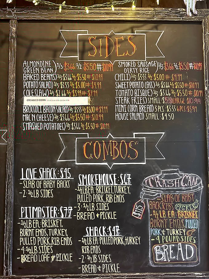 A chalkboard menu that reads like poetry to carnivores. The "Trash Can" combo isn't being modest &ndash; it's a treasure chest of smoked delights.