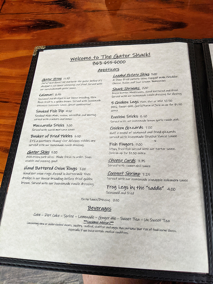 The menu reads like a love letter to Florida cuisine &ndash; gator bites, frog legs, and coconut shrimp that would make Jimmy Buffett write a song.