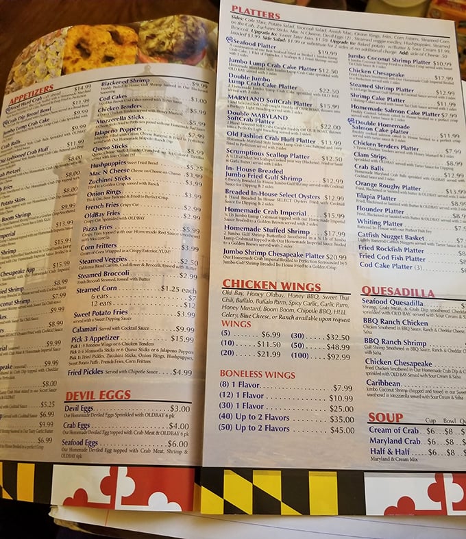 This menu isn't just a list&mdash;it's a treasure map. X marks the spot where "Maryland SoftCrab Platter" meets your seafood dreams.