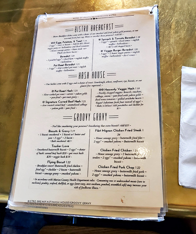 The menu reads like a love letter to comfort food. "Groovy Gravy" isn't just a section name&mdash;it's a lifestyle choice.