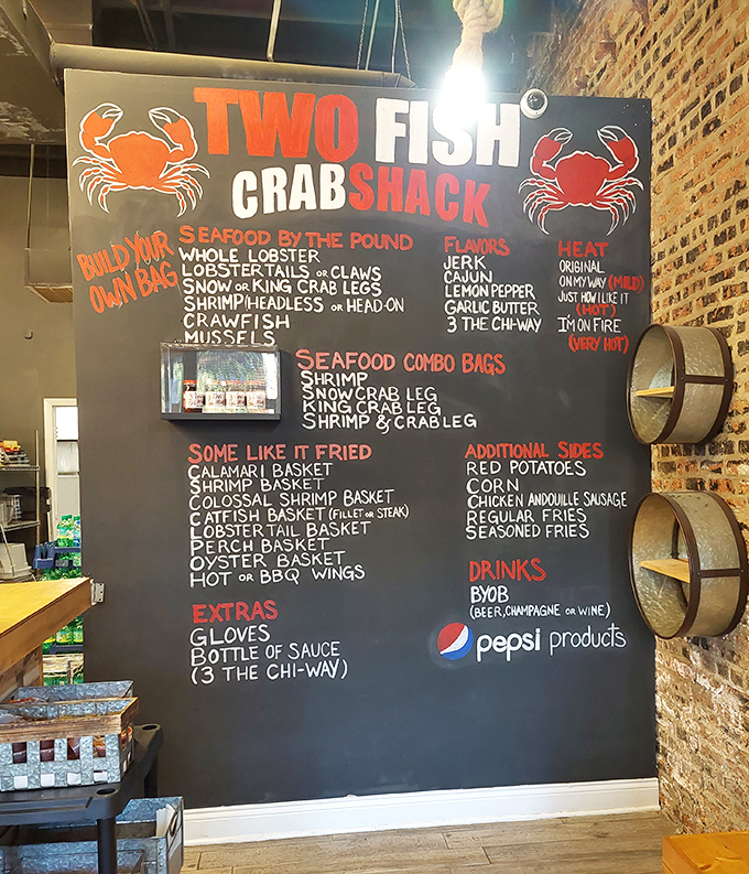 That menu board reads like a love letter to seafood lovers who prefer substance over fancy presentations.