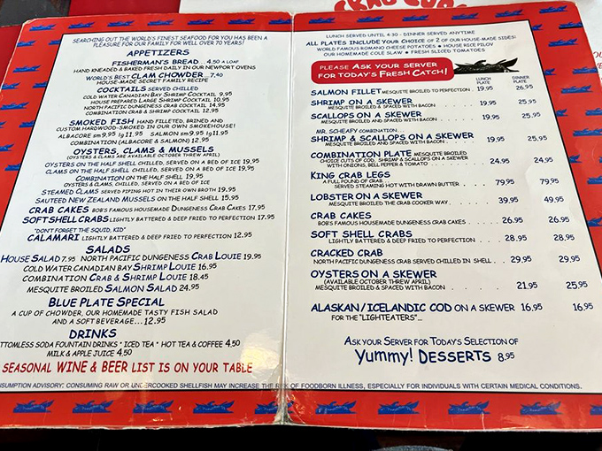 This menu on a placemat is basically a treasure map to chowder paradise.