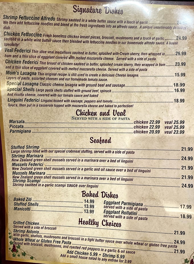 The menu reads like a love letter to Italian-American cuisine, with signature dishes that have remained blissfully unchanged for decades.