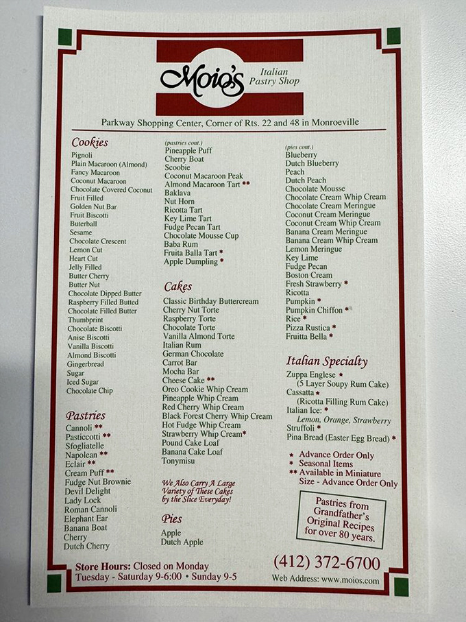 This menu isn't just a list&mdash;it's a roadmap to happiness. Each item represents decades of Italian baking tradition.