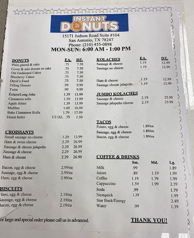 This menu board speaks fluent Texan: donuts, kolaches, tacos, and absolutely no nonsense about it.