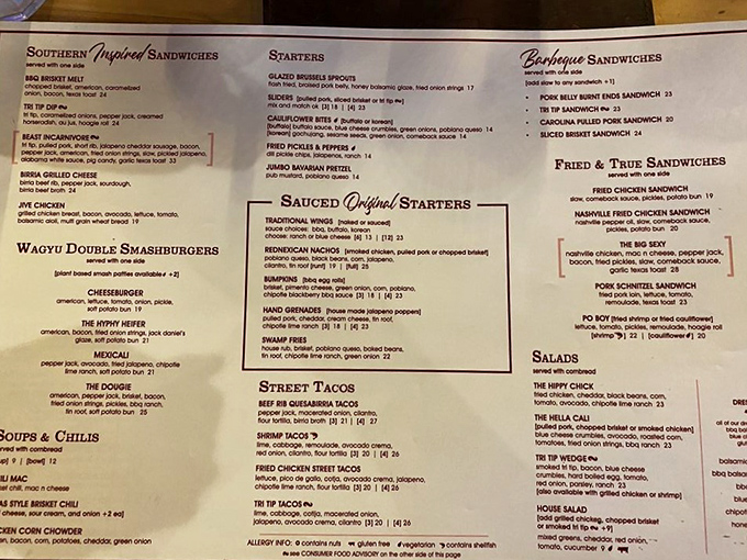 A menu that reads like a love letter to your arteries, with options that'll make vegetarians question everything.